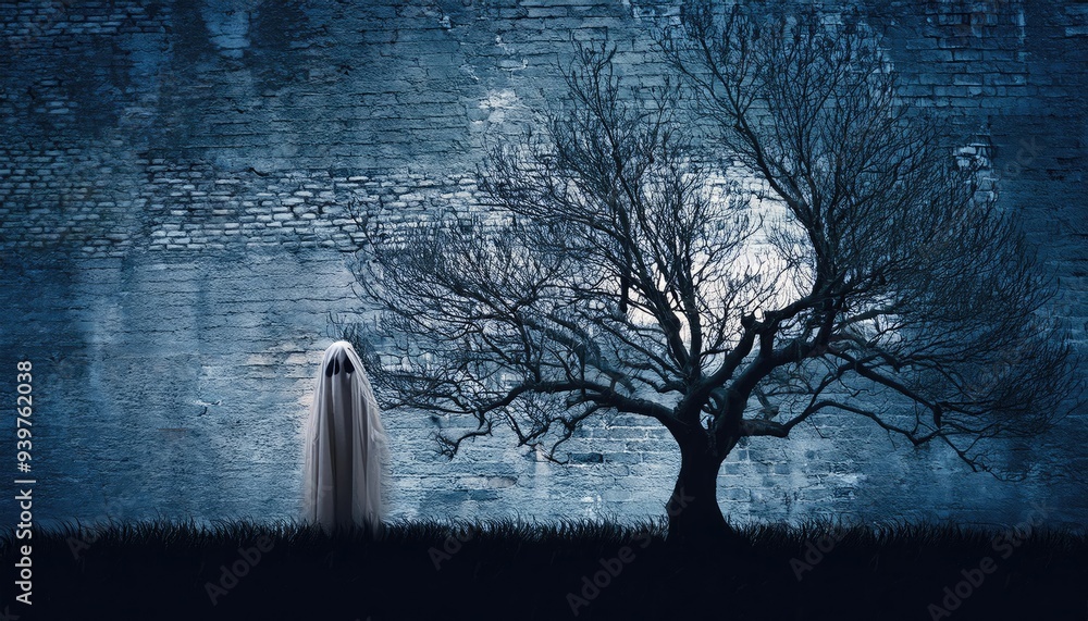 Halloween Concept; Horror Scene of Scary Woman Ghost and Dead Tree with ...