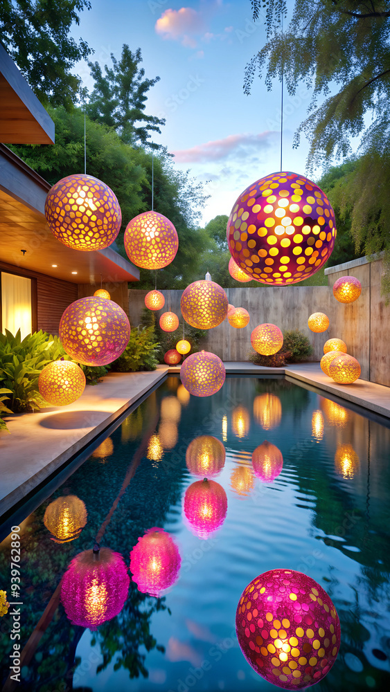 A contemporary backyard setting with a pool and a series of suspended ...