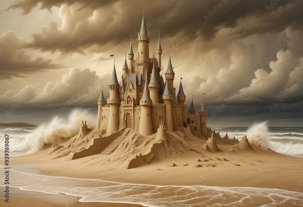 Fantasy magic fictionale giant sand castle with multiple towers and ...