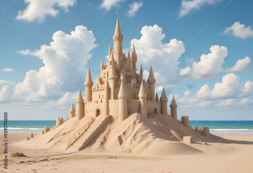 Fantasy magic fictionale giant sand castle with multiple towers and ...