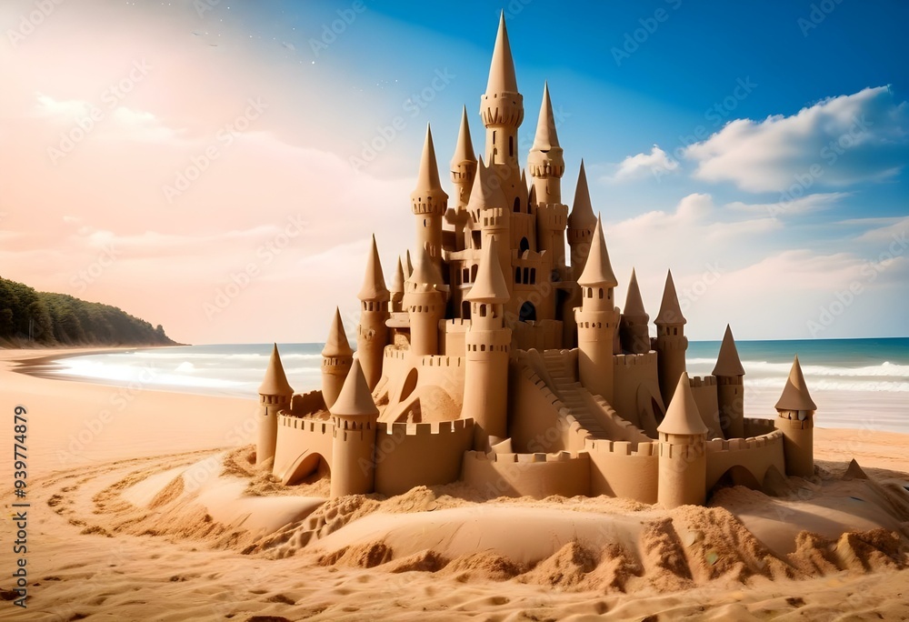 Fantasy magic fictionale giant sand castle with multiple towers and ...