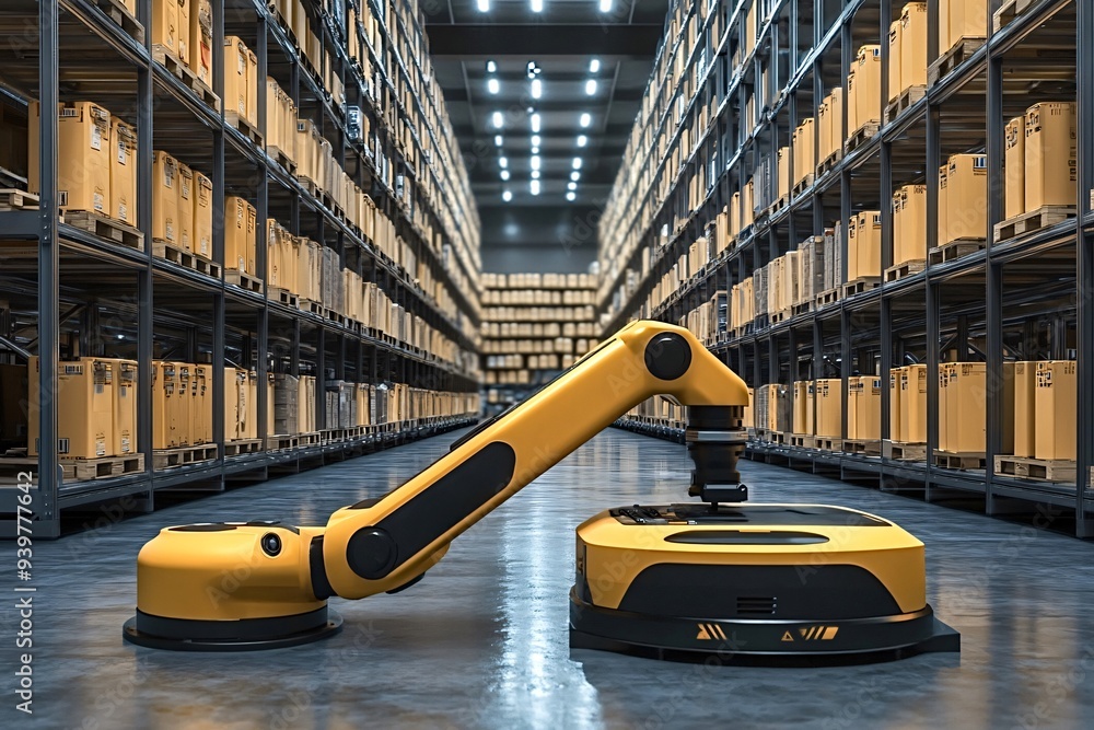 Autonomous guided vehicle delivering a parcel to a robotic arm in a ...