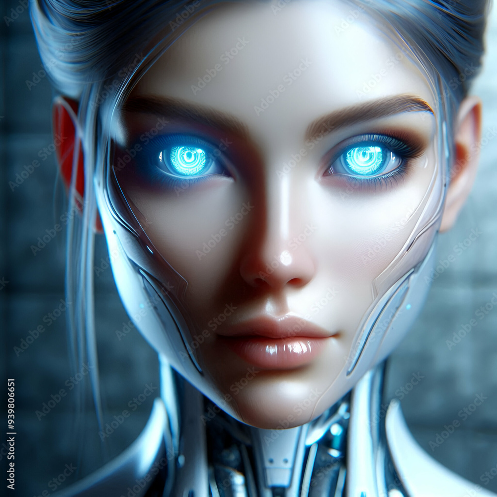 Closeup of a Futuristic High-Tech Android Humanoid Woman with Porcelain ...