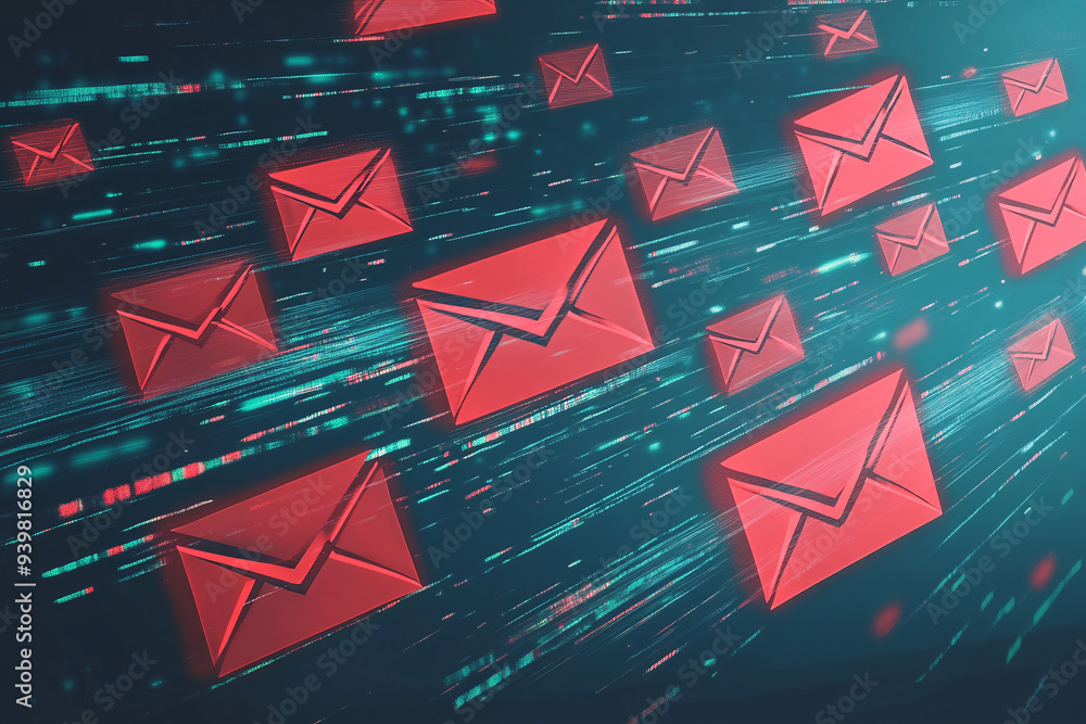 Red email icons flying through a digital space, creating a dynamic ...