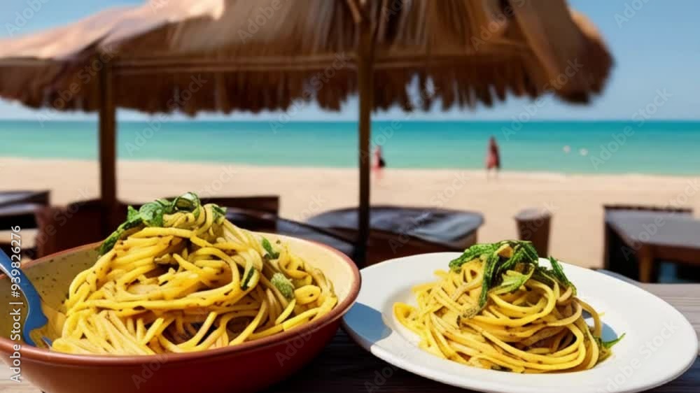 Background image of a beach bar with Spaghetti Aglio Olio. Concept ...