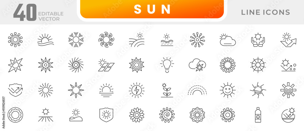 Sun line icon collection. Sun, rays, sunrise, sunshine, sunset, burst ...