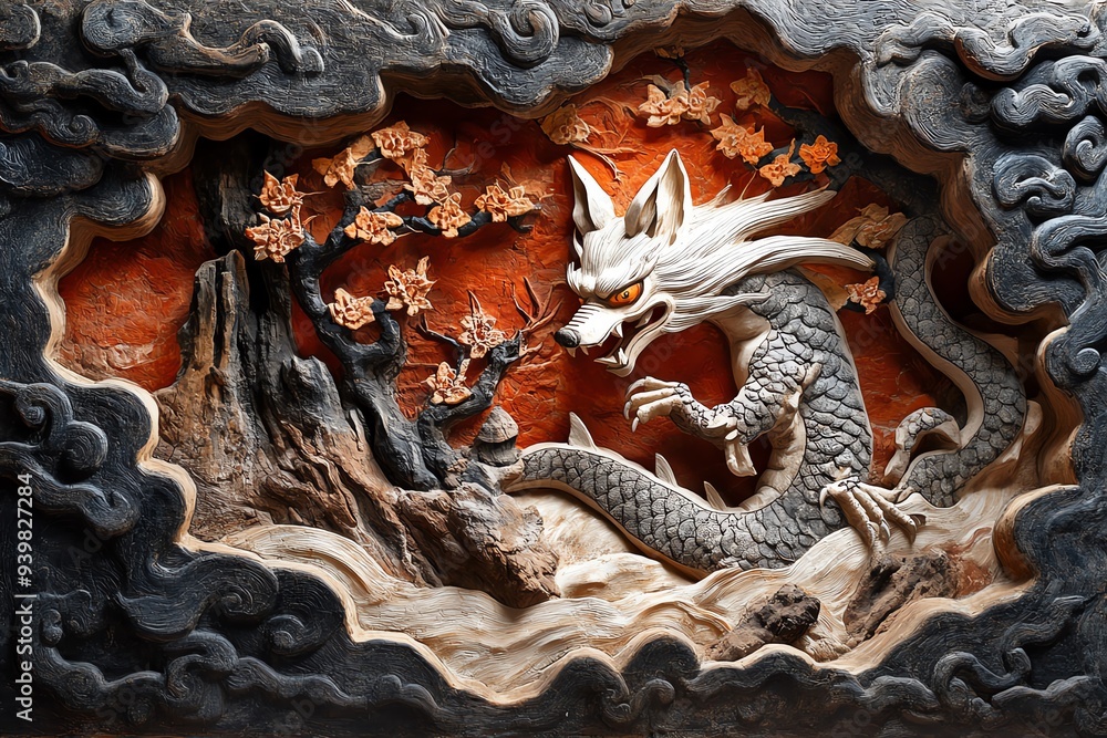 A scene from a myth or legend where the nine-tailed fox is shown ...