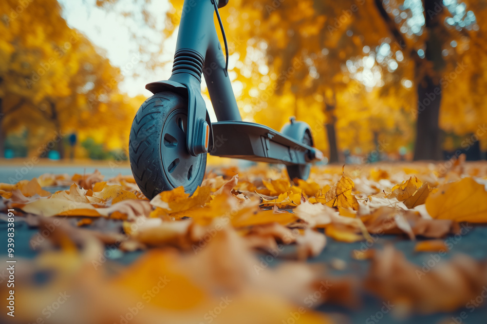 escooter on autumn foliage background , electric scooter in the park, creative banner ...
