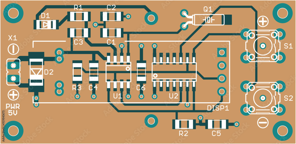 Vector printed circuit board of electronic device with components of ...