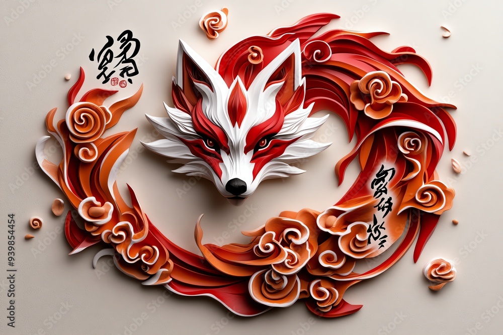 A tattoo design of the nine-tailed fox, with its flowing tails wrapping ...