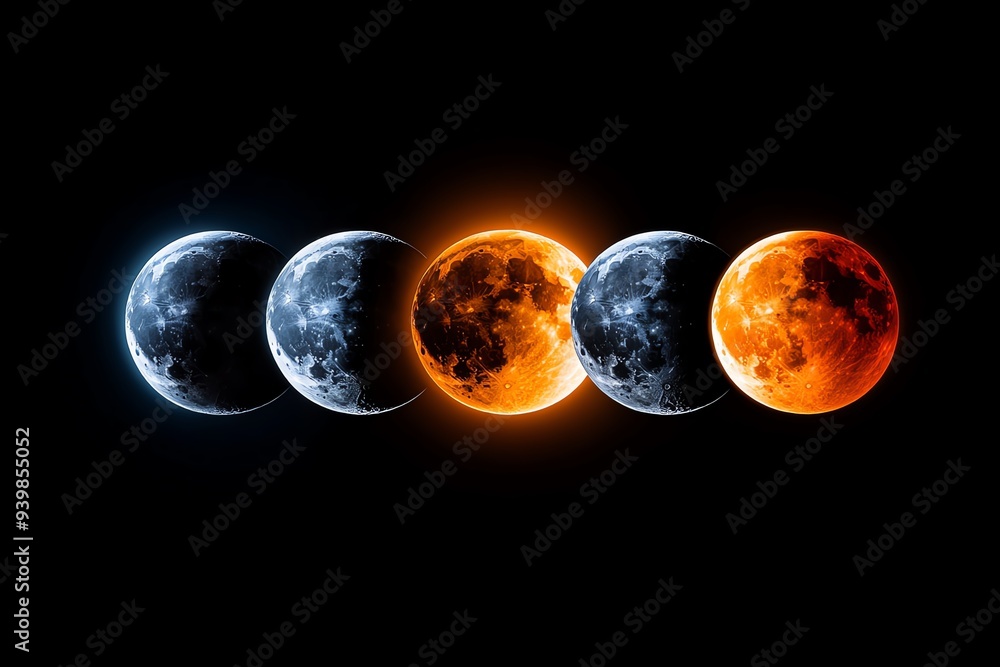 A time-lapse sequence capturing the stages of a lunar eclipse, from the ...
