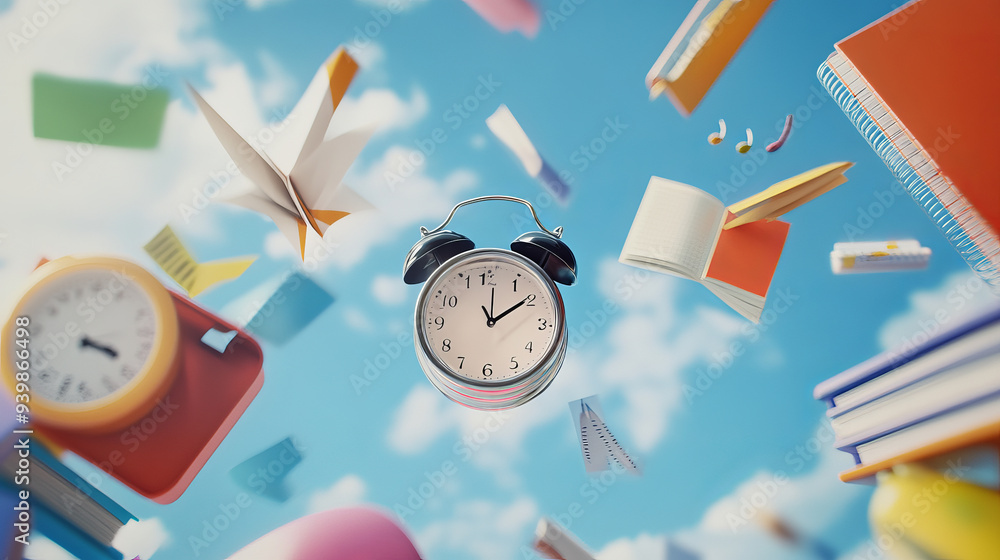 School supplies flying through the air after a ringing bell, set ...