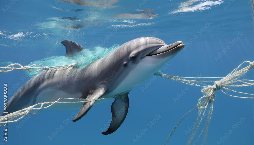 Depiction of a dolphin, as an endangered marine mammal, entangled in an ...