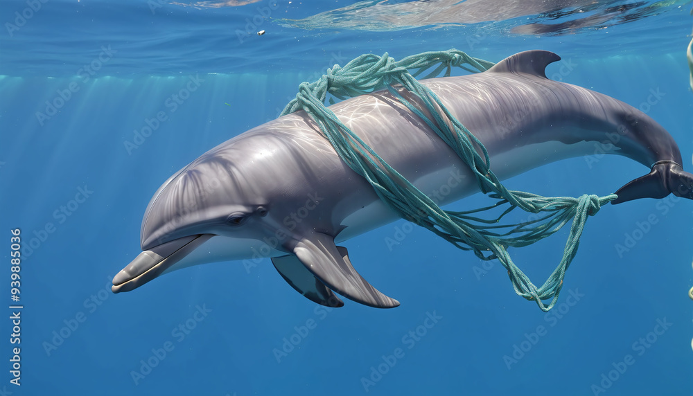 Depiction of a dolphin, as an endangered marine mammal, entangled in an ...