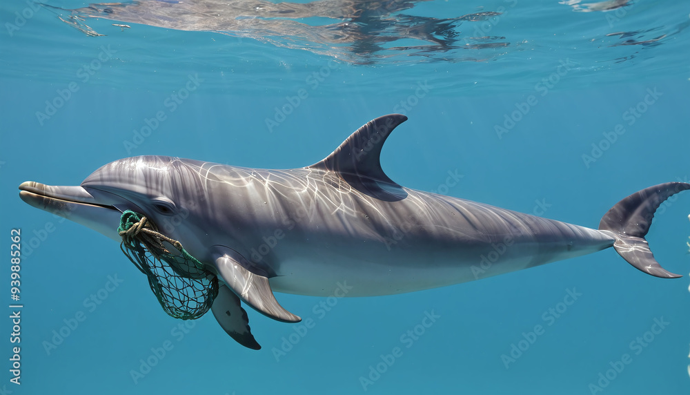 Depiction of a dolphin, as an endangered marine mammal, entangled in an ...