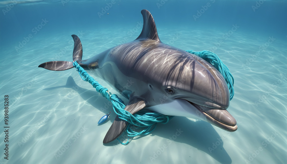 Depiction of a dolphin, as an endangered marine mammal, entangled in an ...