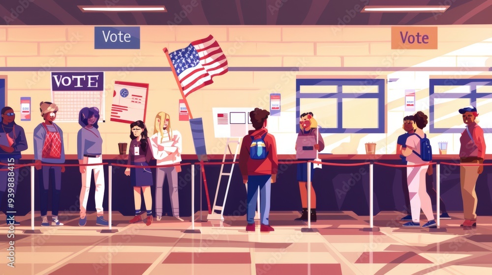 A busy Election Day polling station with voters standing in line ...