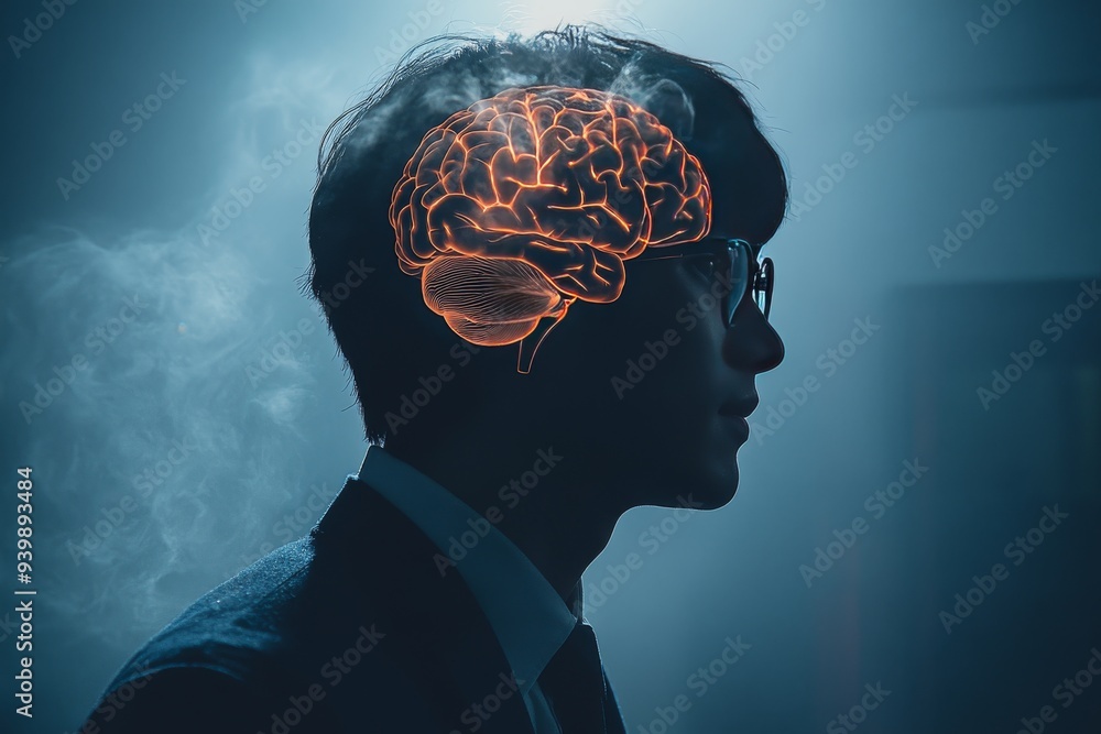 Businessman with a glowing brain representing the fusion of intellect ...
