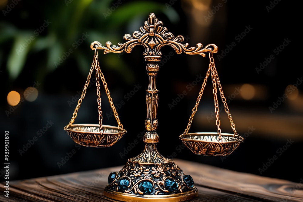 An old-fashioned mechanical balance scale made of brass, with intricate ...