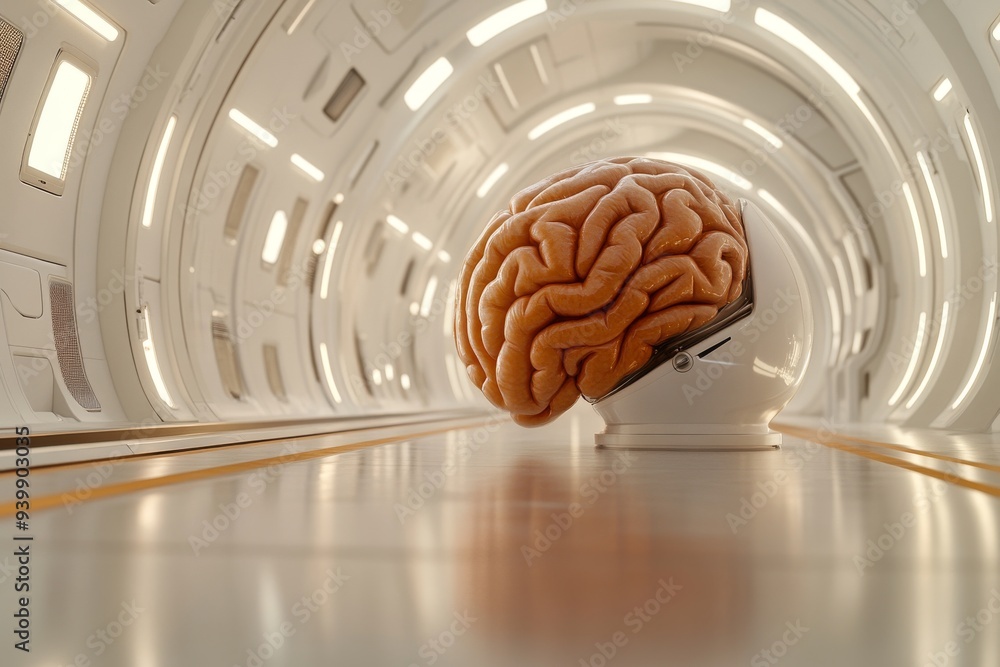 A floating brain in a futuristic sterile environment representing ...