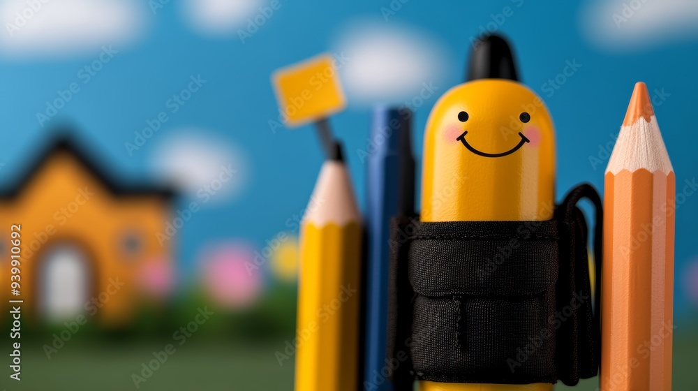 A whimsical scene showing a group of school supplies like pencils ...