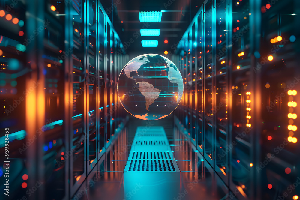 Futuristic data center with rows of servers and a glowing 3D globe ...