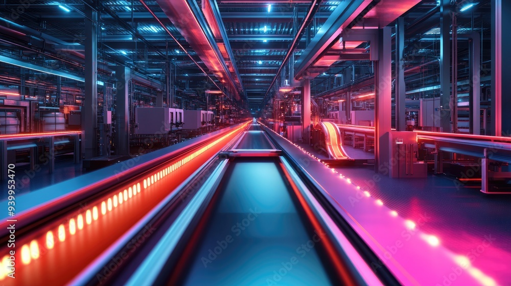 Modern factory with conveyor belt system, mass production process ...