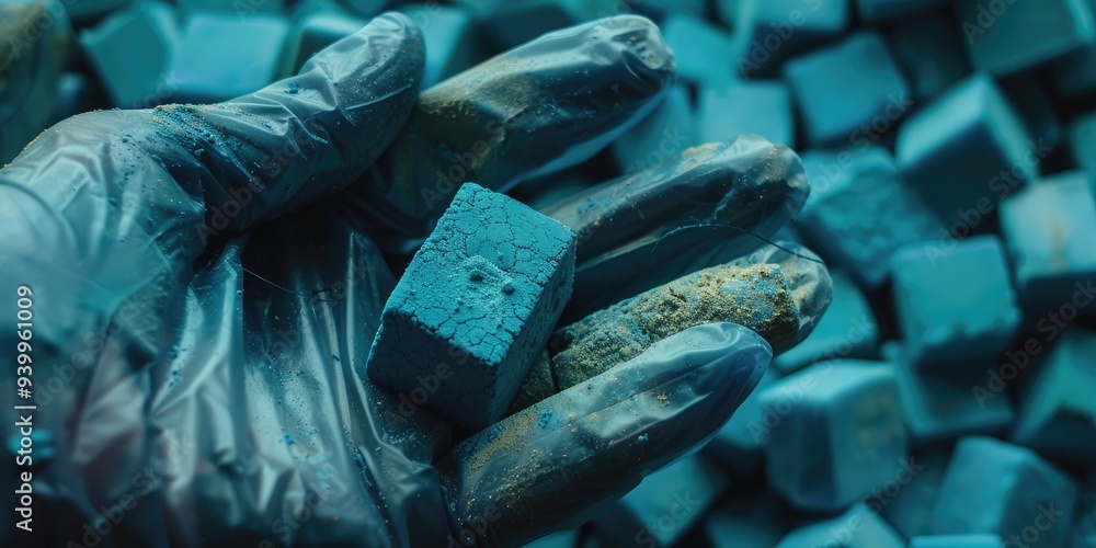 Gloved Hand Grasping Blue Rodent Bait Blocks Dry poison blocks designed ...