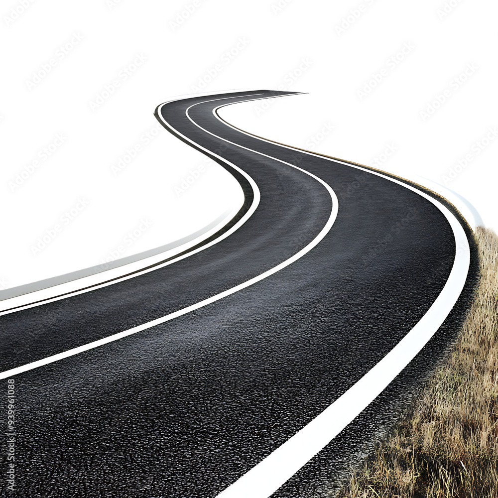 Curved asphalt road with white lines, empty highway through countryside ...