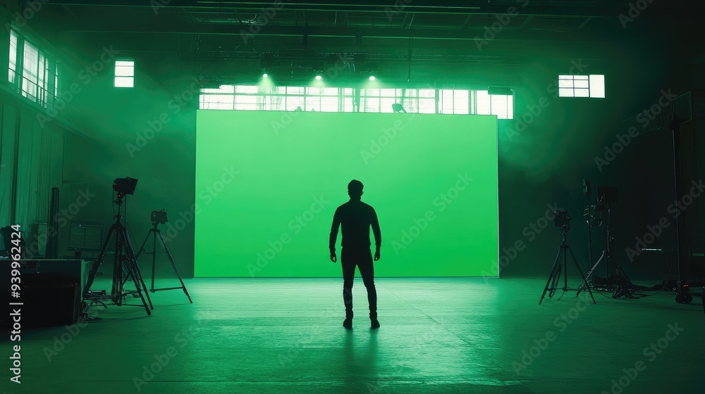 Movie set with a green screen background ready for post-production VFX ...