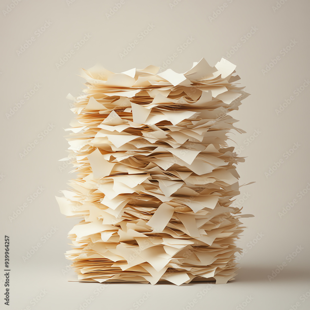 Large stack of scattered paper sheets on a plain background ...