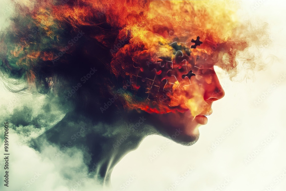 Abstract human profile dissolving into colorful smoke symbolizing the ...