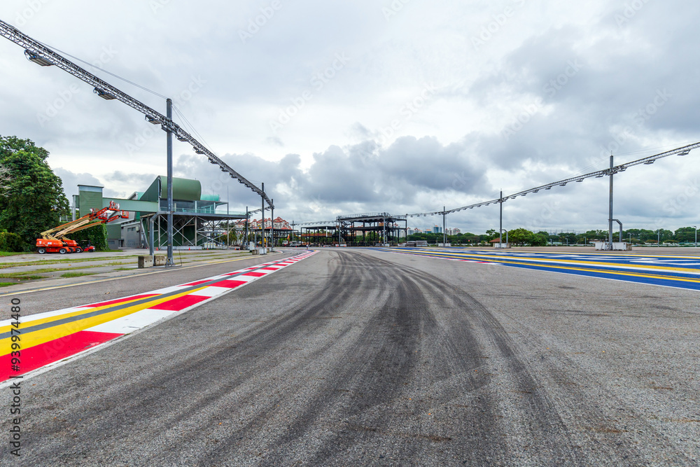 Singapore F1 track and pit building under construction, with tire marks ...