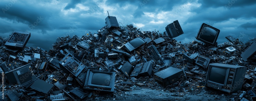 Massive pile of discarded electronic waste, symbolizing environmental ...