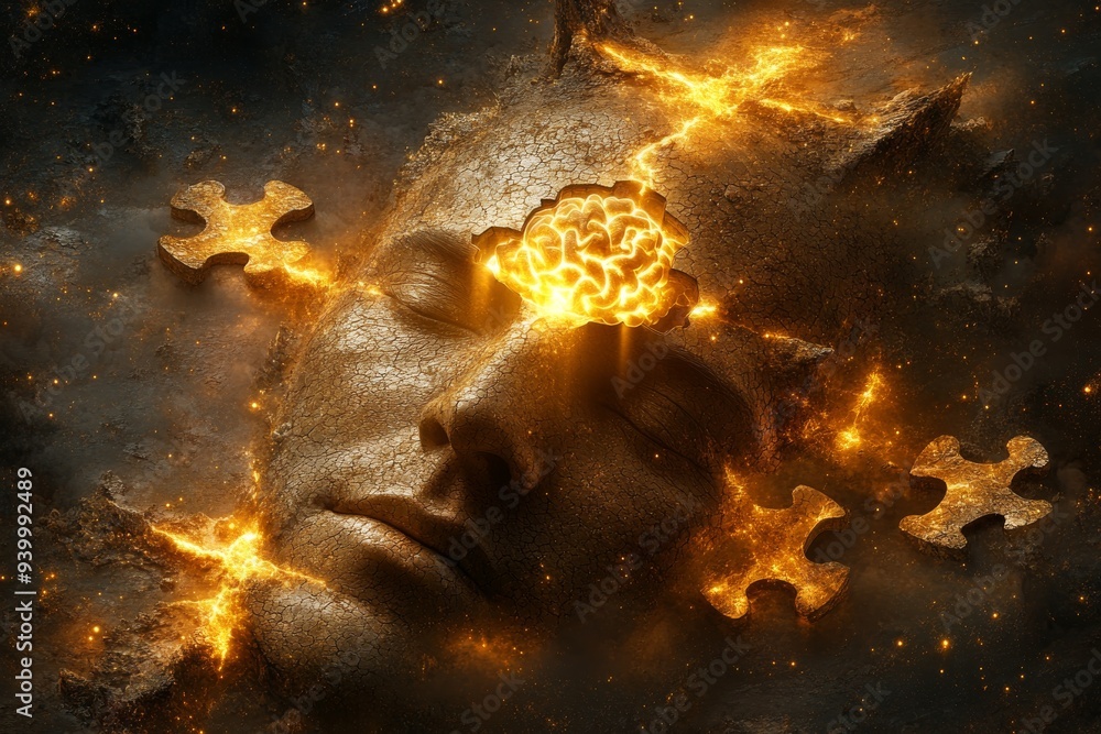 ภาพประกอบสต็อก Surreal digital art of a human face with puzzle pieces ...