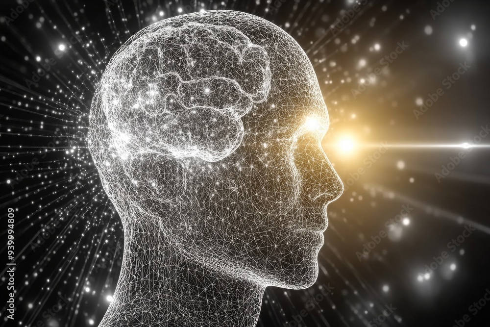 Abstract digital art of a human head with a glowing brain and radiating ...