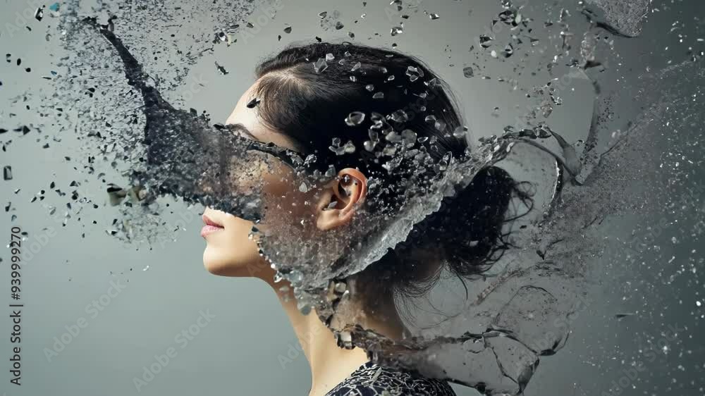 Woman's profile disintegrates into floating particles. Gradual ...