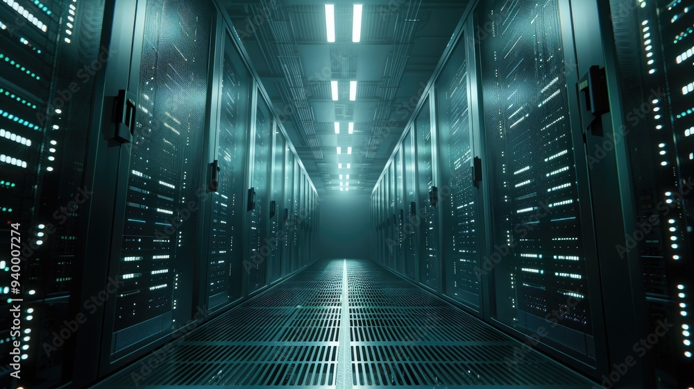 Data center with server racks, IT working server room with rows of supercomputers. 3D concept ...