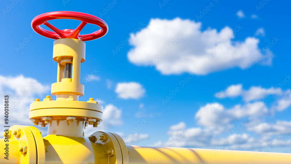 Yellow gas pipe. Pipeline for oil supplies. Pipe with valve under blue ...