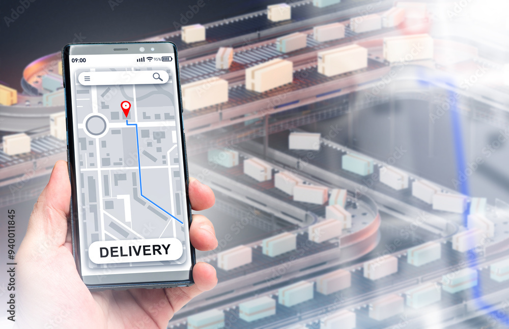 Delivery technologies. Electric conveyor with boxes. Production line at ...