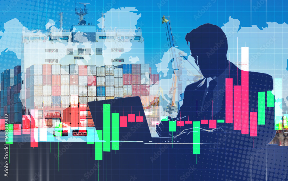 Logistics business. Ship with cargo containers. Silhouette of investor ...