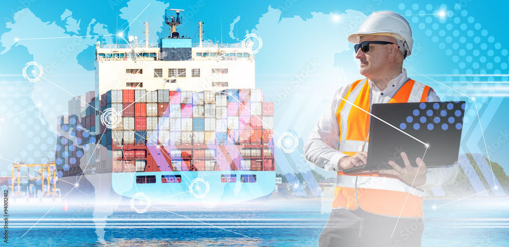 Man logistician. Container ship. Director of sea pier. Logistician with ...