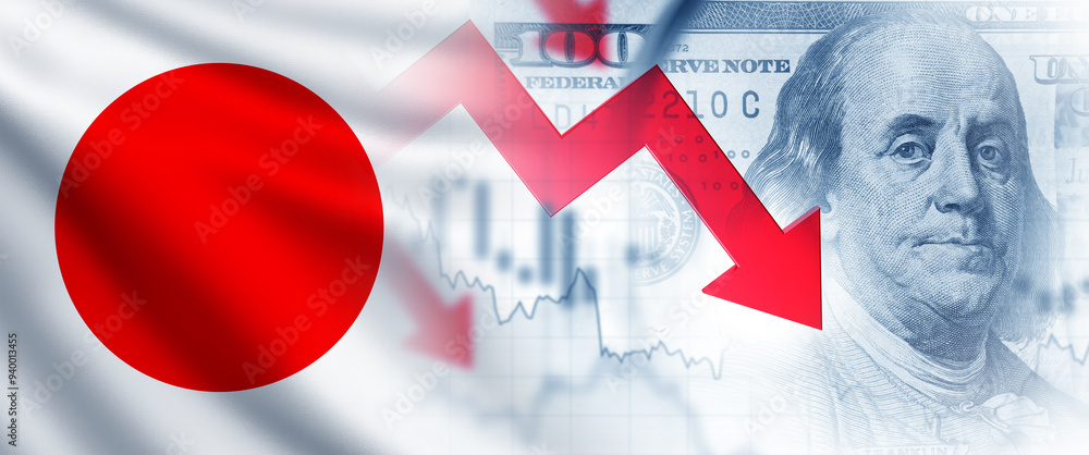 Crisis in Japan. Economic decline chart. Flag of Japan. Fragment of ...