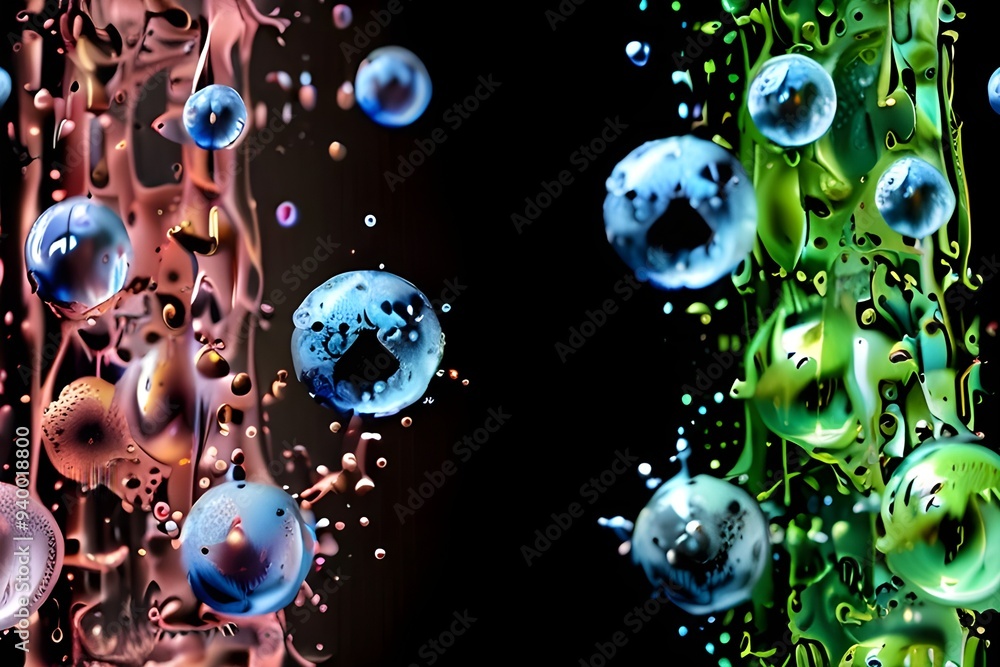 Blurred images of close-up soda water bubbles fizzing up or splashing or sparkling like a ...