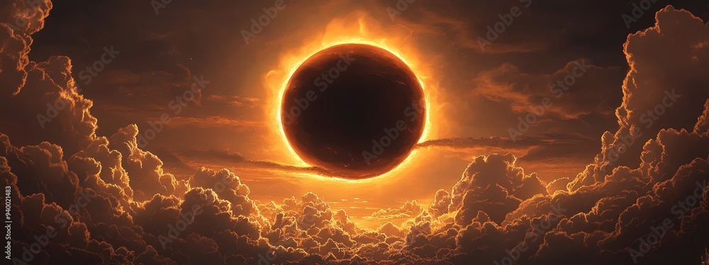Rendering of a solar eclipse in 3D cartoon style featuring clouds and ...
