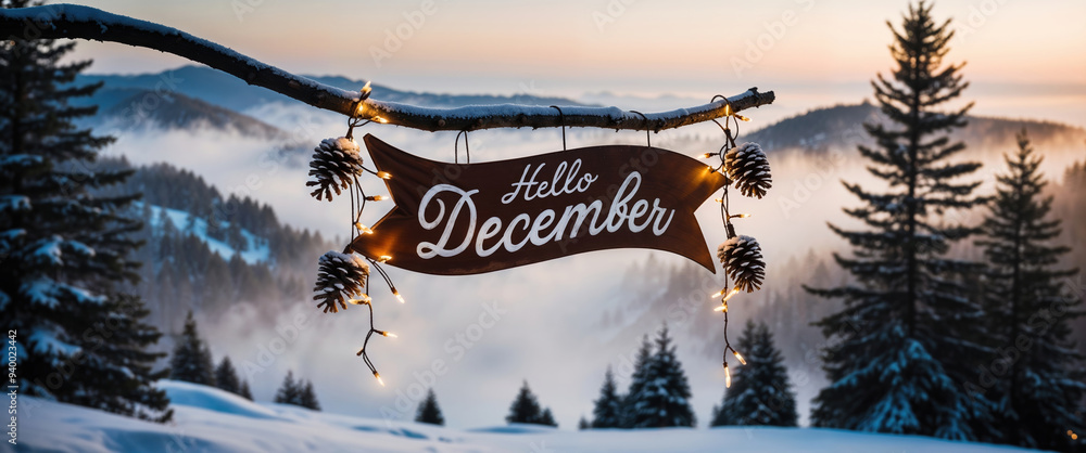 Hello december sign hanging from a branch covered in snow with a view ...