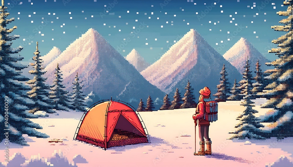 Pixelated Winter Snowy Mountain Camp - 16-bit pixel art scene of a ...