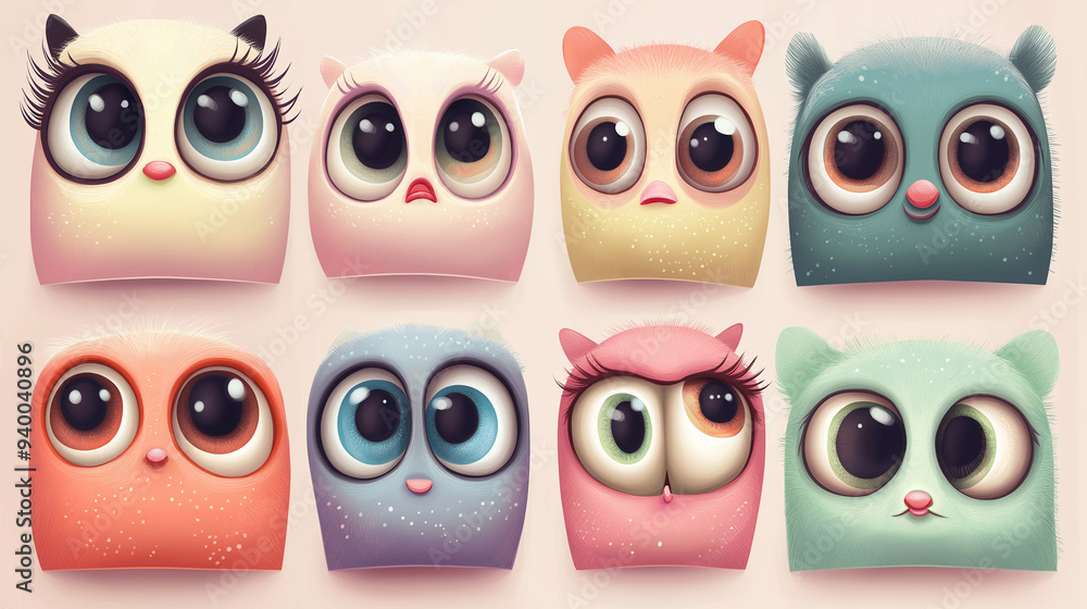Adorable Big-Eyed Faces with Different Expressions in Pastel Colors ...