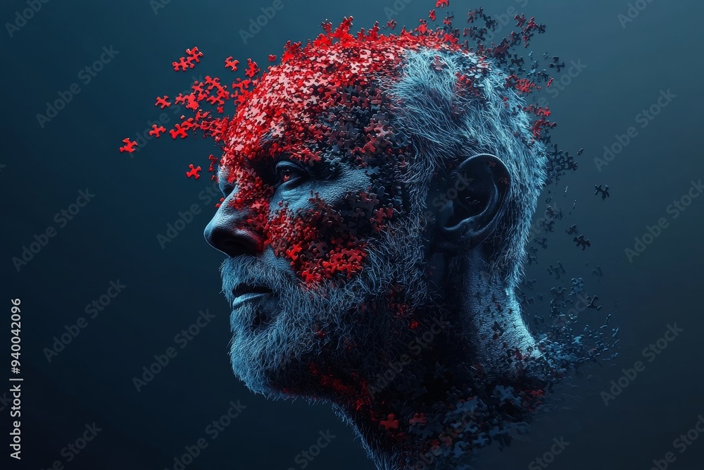 Futuristic and glowing portrait of a man with puzzle pieces forming his ...