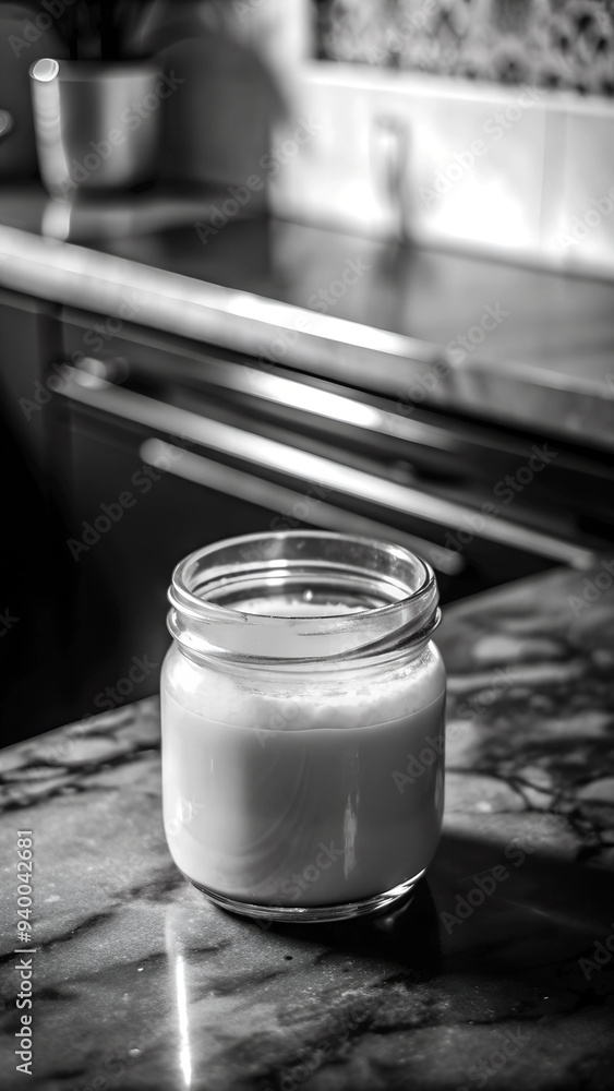 A glass jar filled with creamy golden ghee stands prominently on a ...